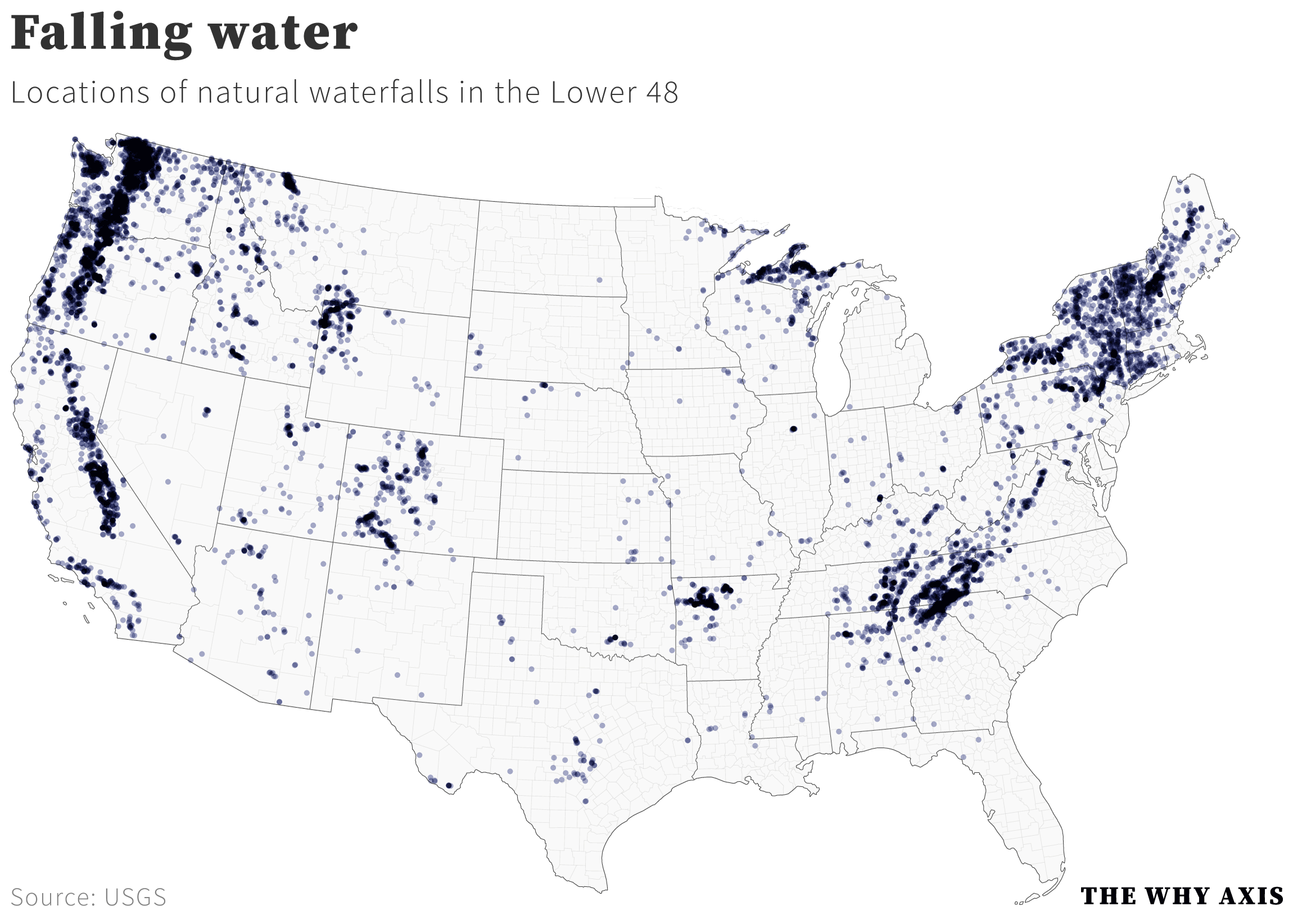 Map: Every waterfall in the lower 48
