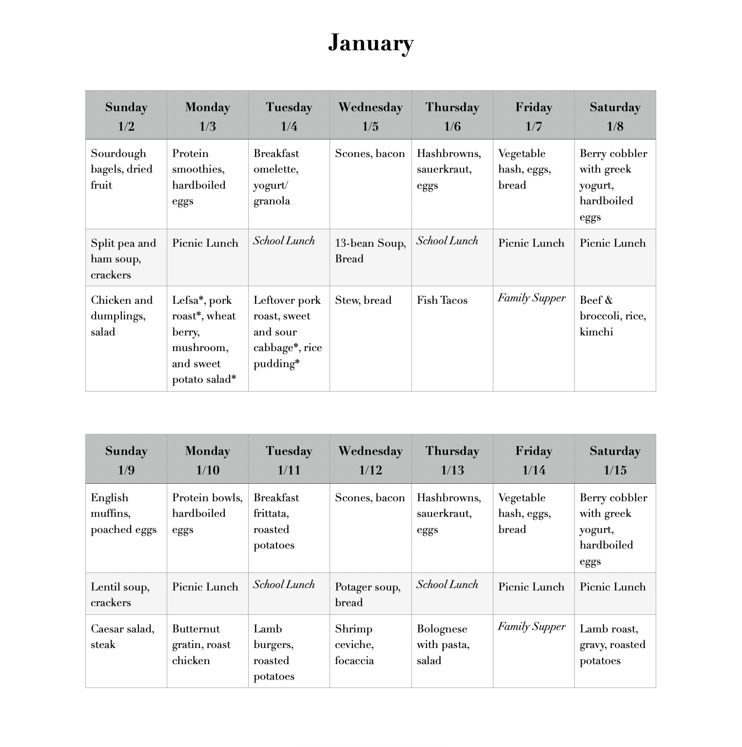 January Menu / Week 1 & 2 - by Shaye Elliott