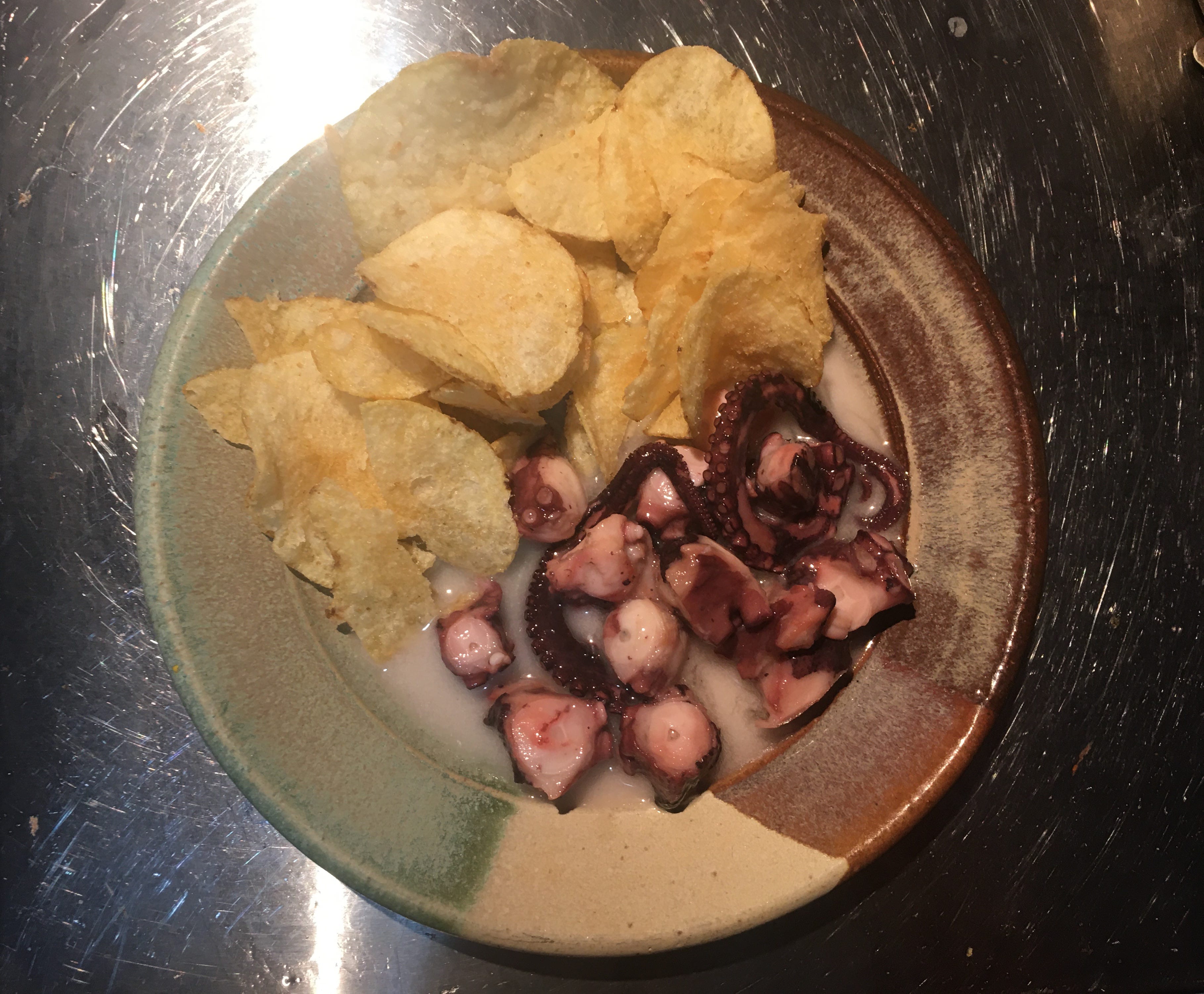 Potato chips and emulsified octopus oil go together
