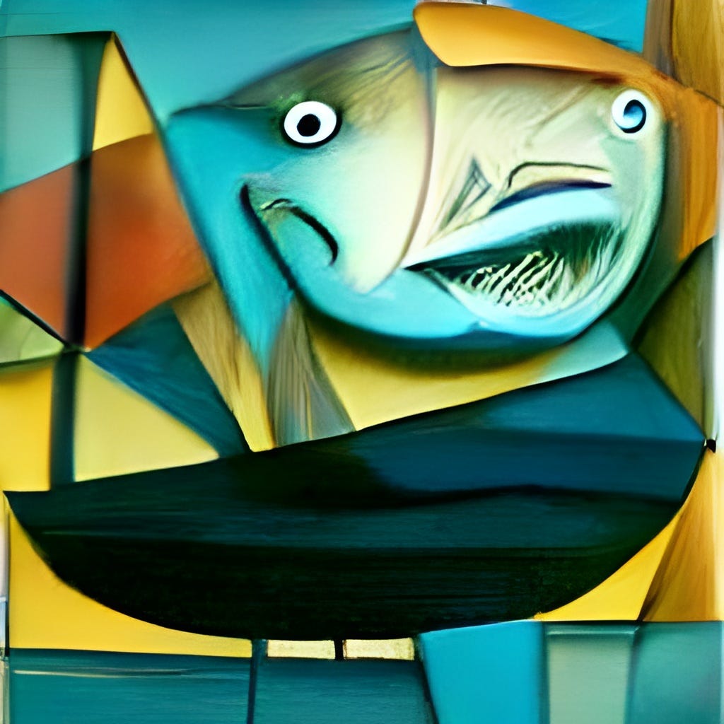 A giant fish attacking a boat, Picasso cubism