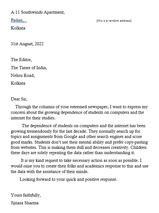 FORMAT OF A FORMAL LETTER - by Jijnasa Sharma