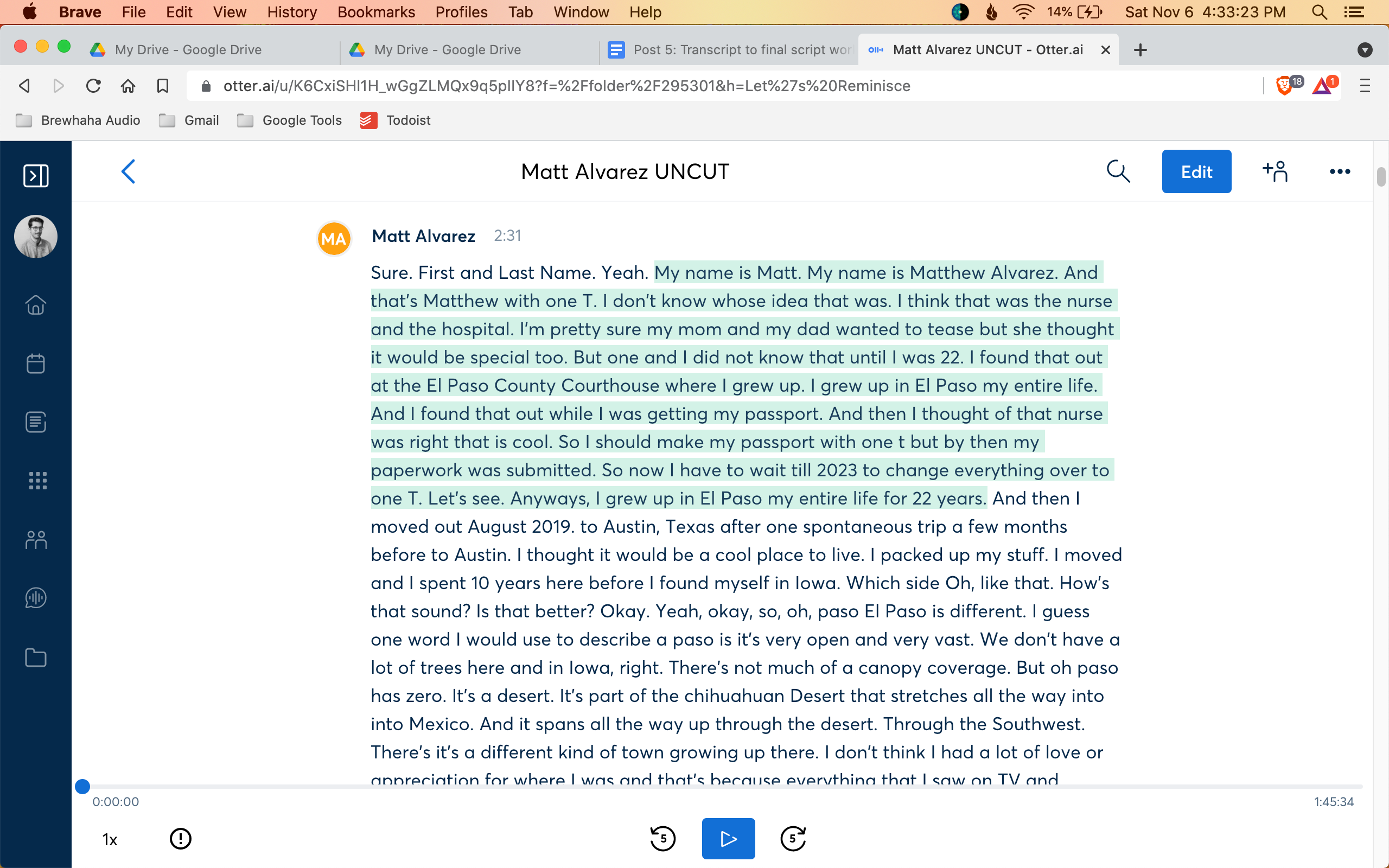 Process: from rough transcript to final script and mix