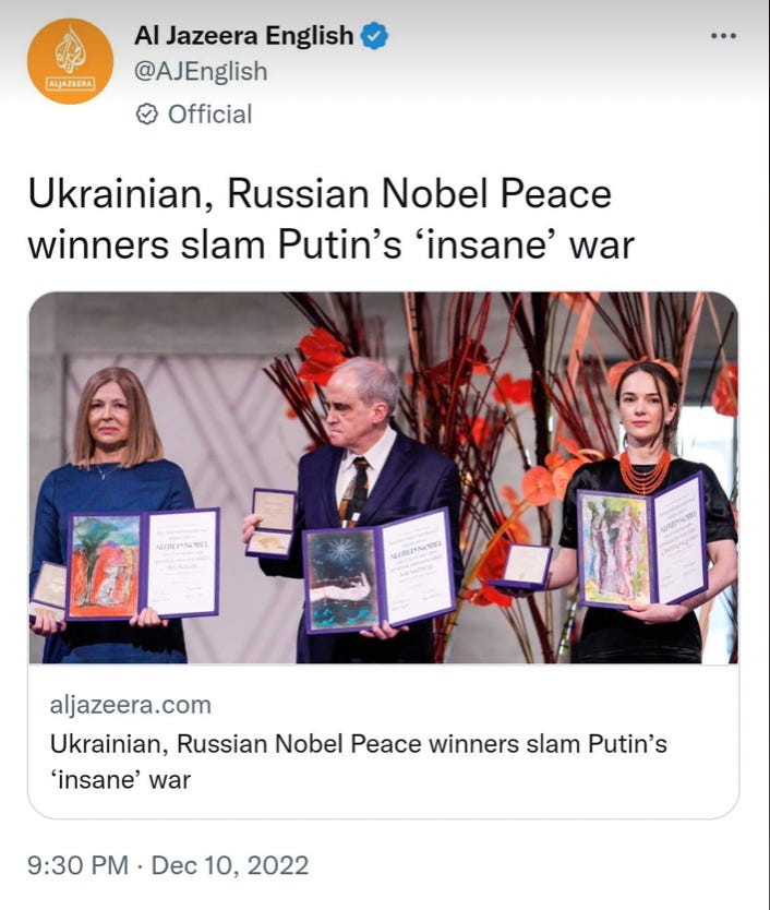 The Nobel Peace Prize Winners Denounce Putin's War