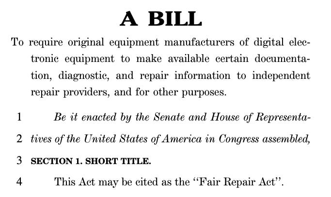A New Right To Repair Bill - by Michael Kans