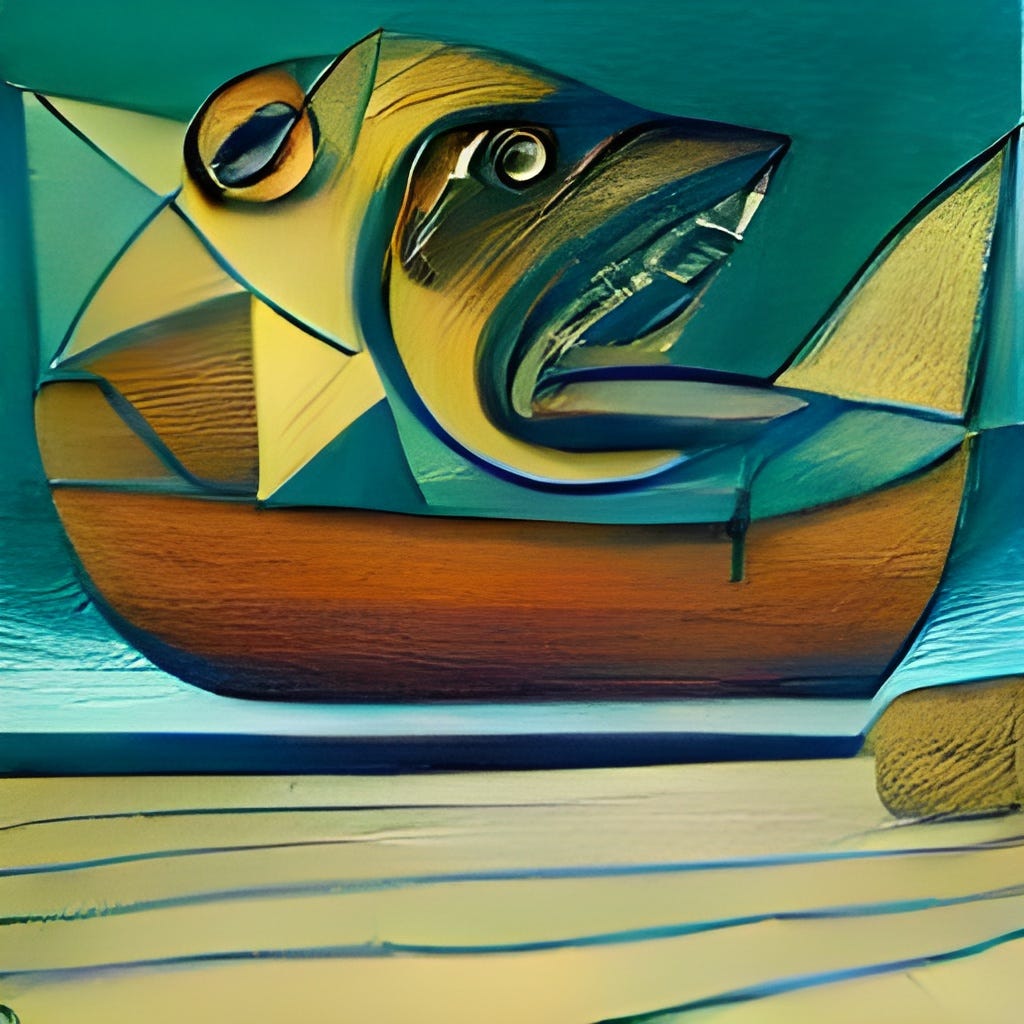 A giant fish attacking a boat, Picasso cubism