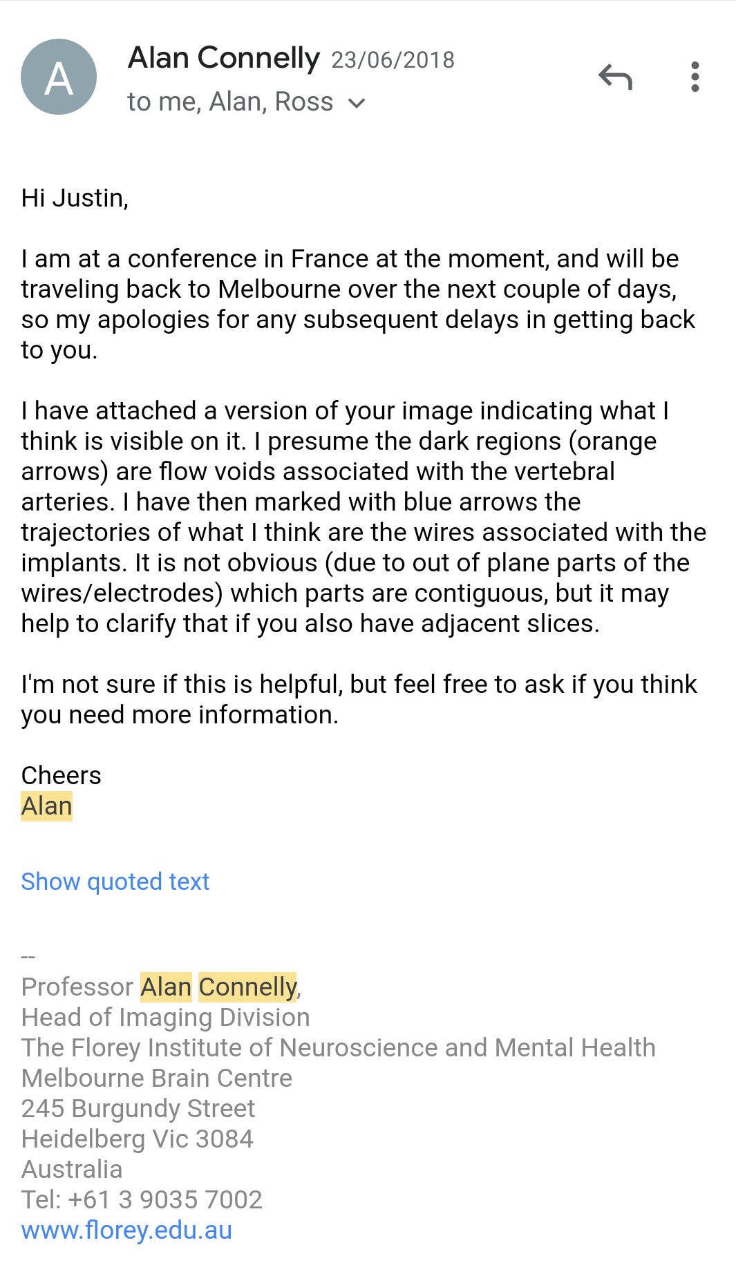 Correspondence with Prof. Alan Connelly