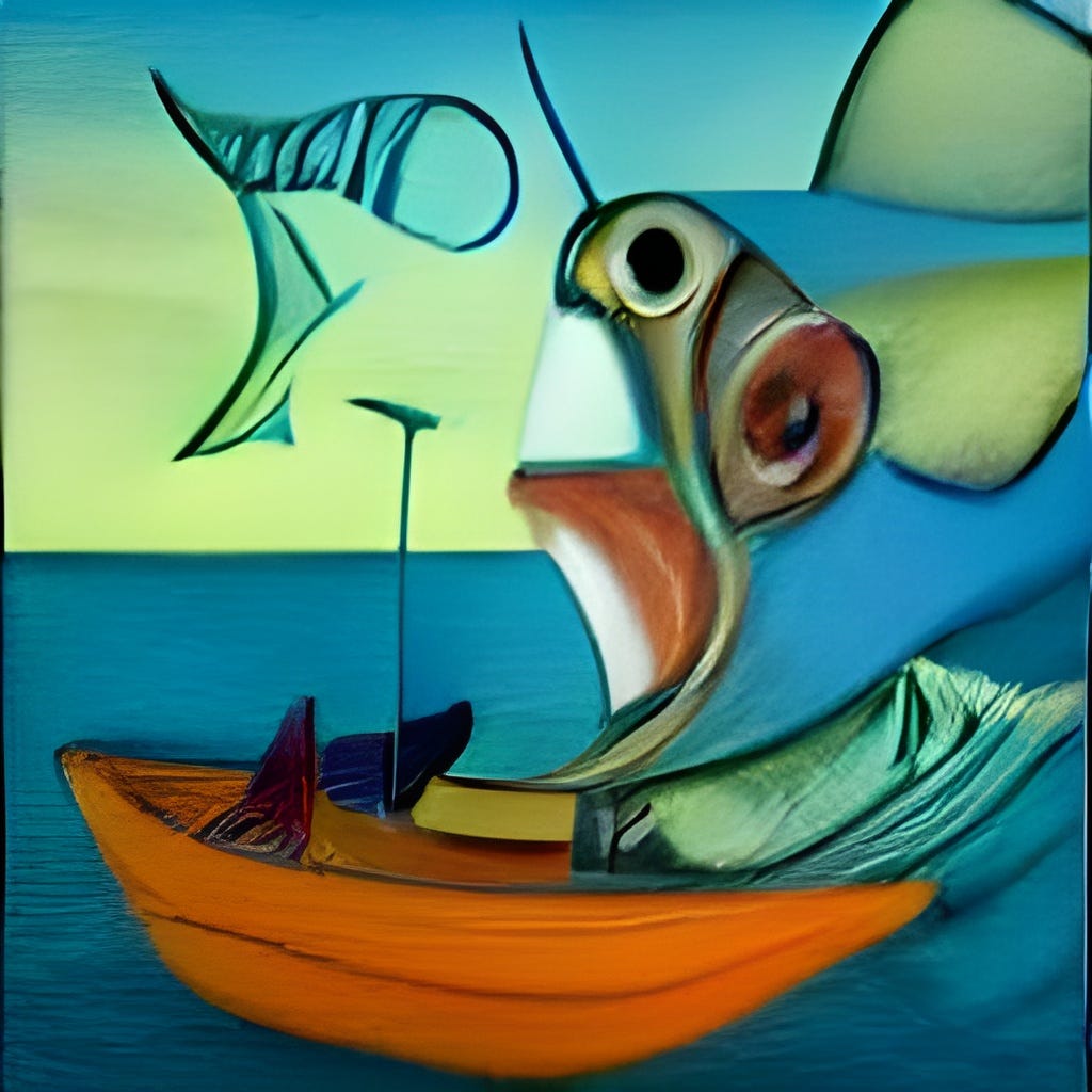 A giant fish attacking a boat, Picasso cubism