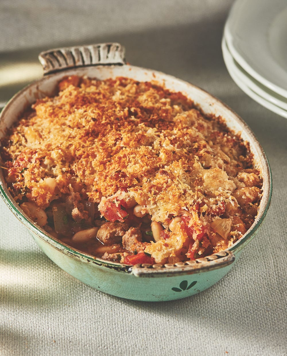White Bean Gratin with Tomatoes and Sausage by Molly Stevens