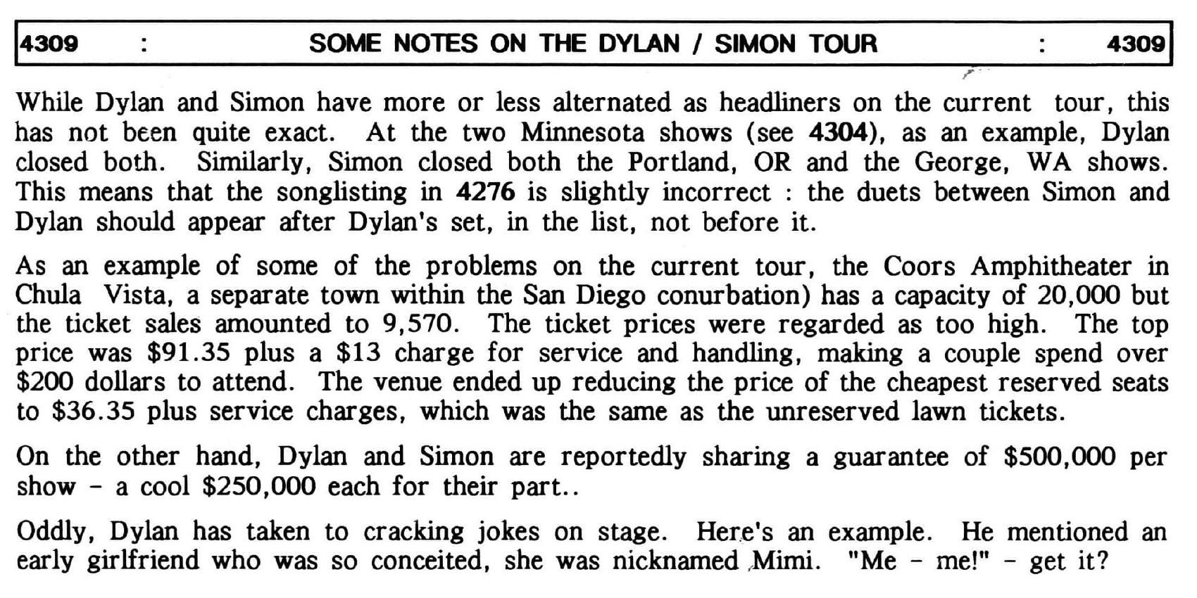 Tracking the Dylan-Simon 1999 Tour in Real Time