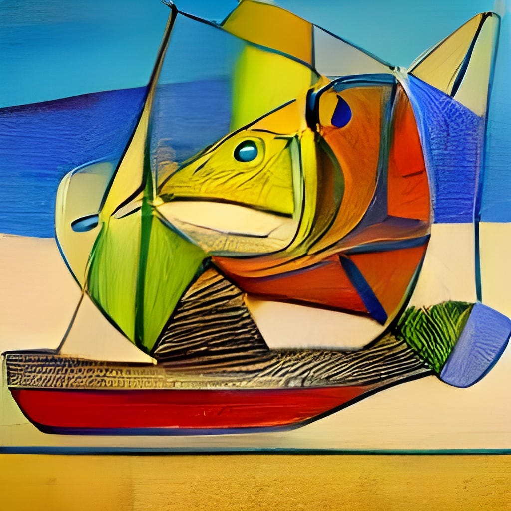 A giant fish attacking a boat, Picasso cubism