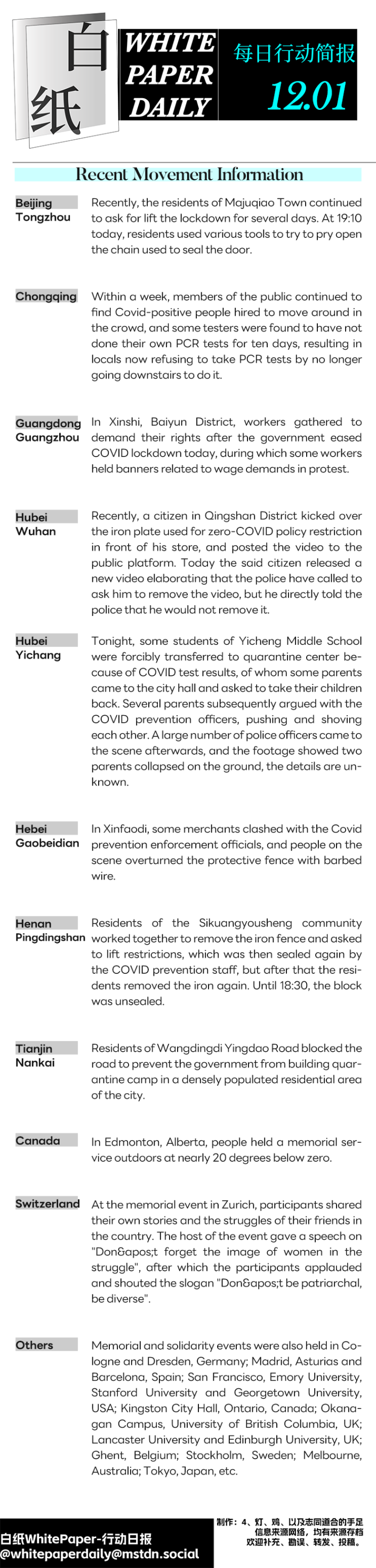 白纸 WhitePaper | 2022.12.1 抗议行动简报 - MYDUTY.NET