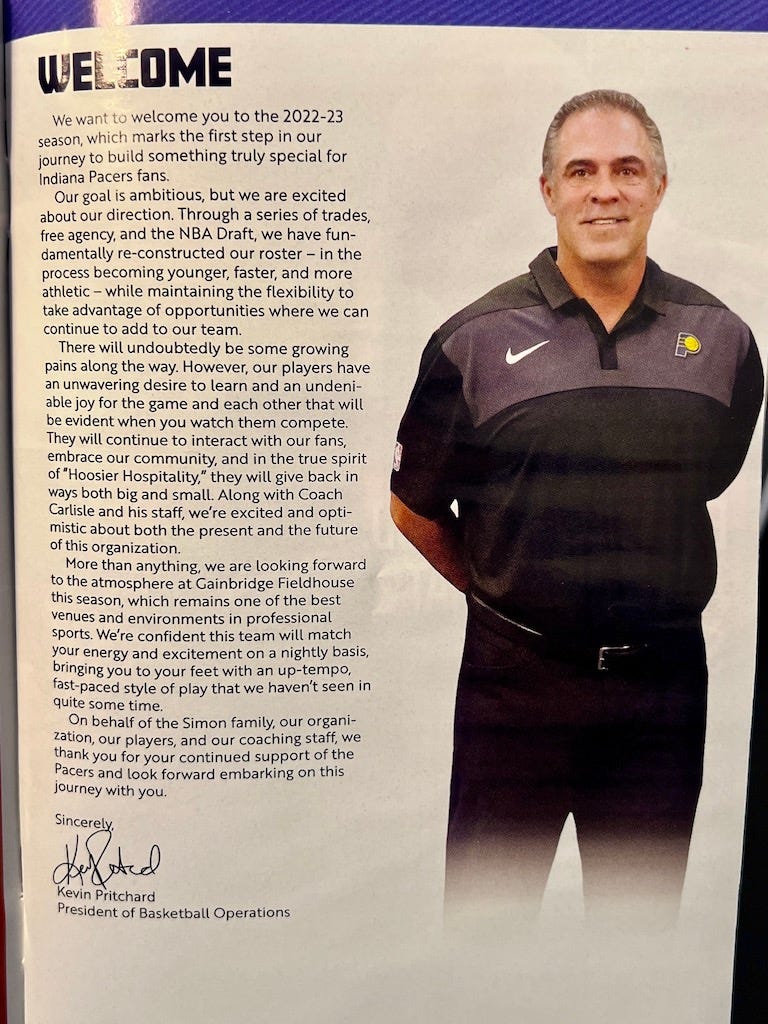 Pacers president Kevin Pritchard pens note to fans before 2022-23 season