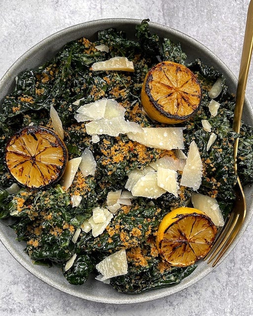 Roasted Garlic Kale Caesar with Spicy Breadcrumbs and Charred Lemon