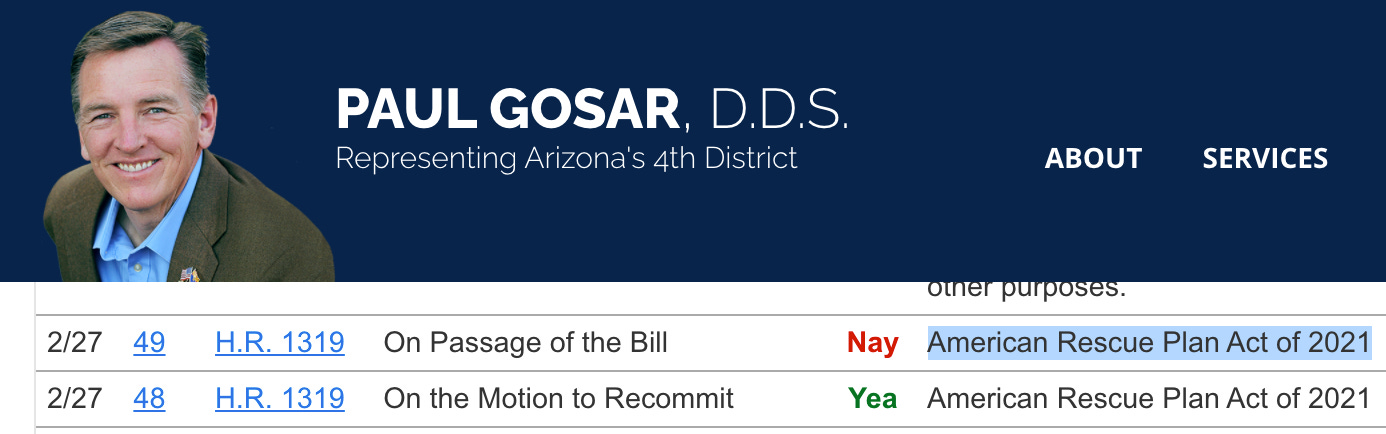 Congressman Paul Gosar Did Not Vote for the American Rescue Plan