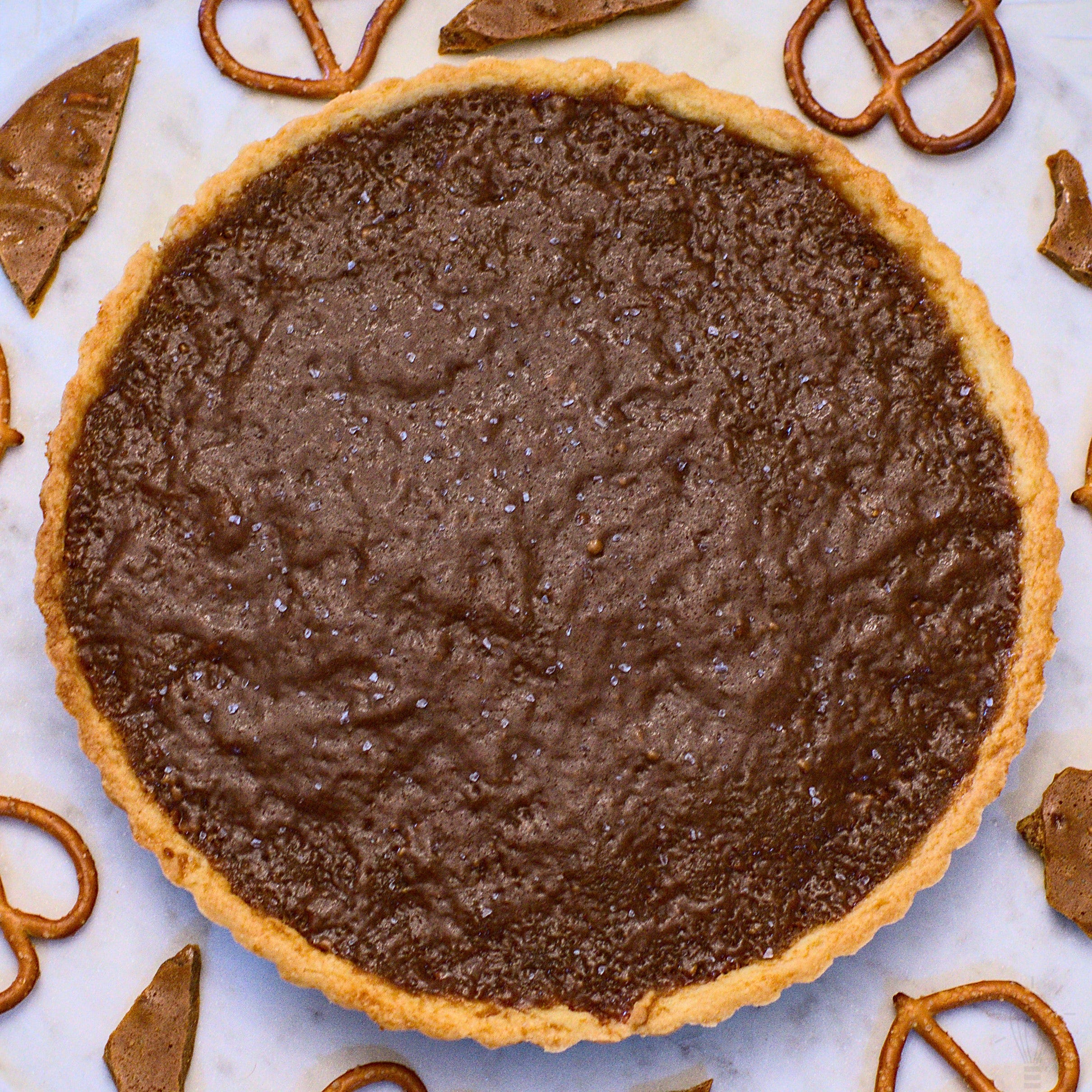 Dark Chocolate Pretzel Brittle Tart - by Shade Grayson