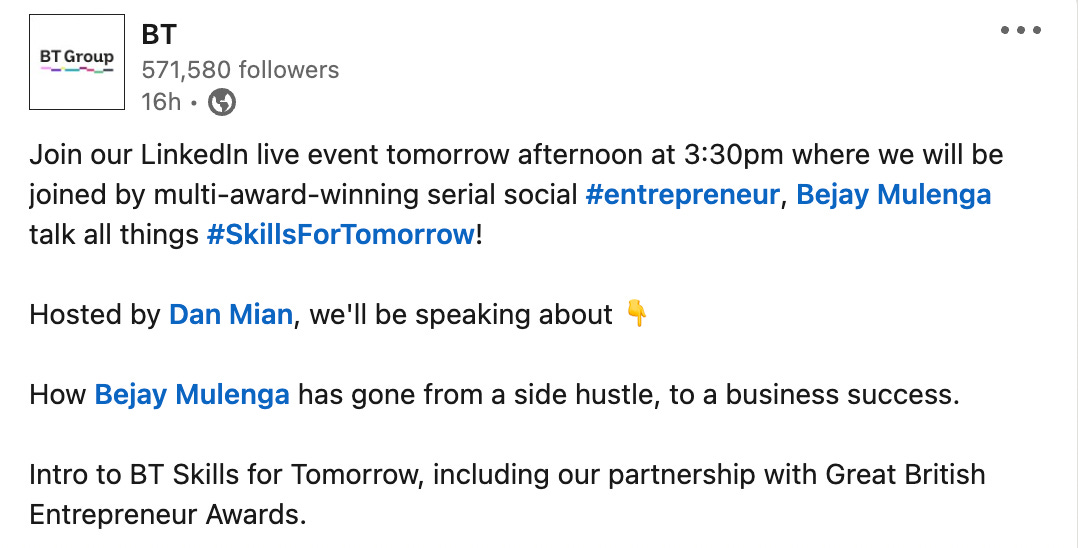 Live Event with BT & Opportunities Update