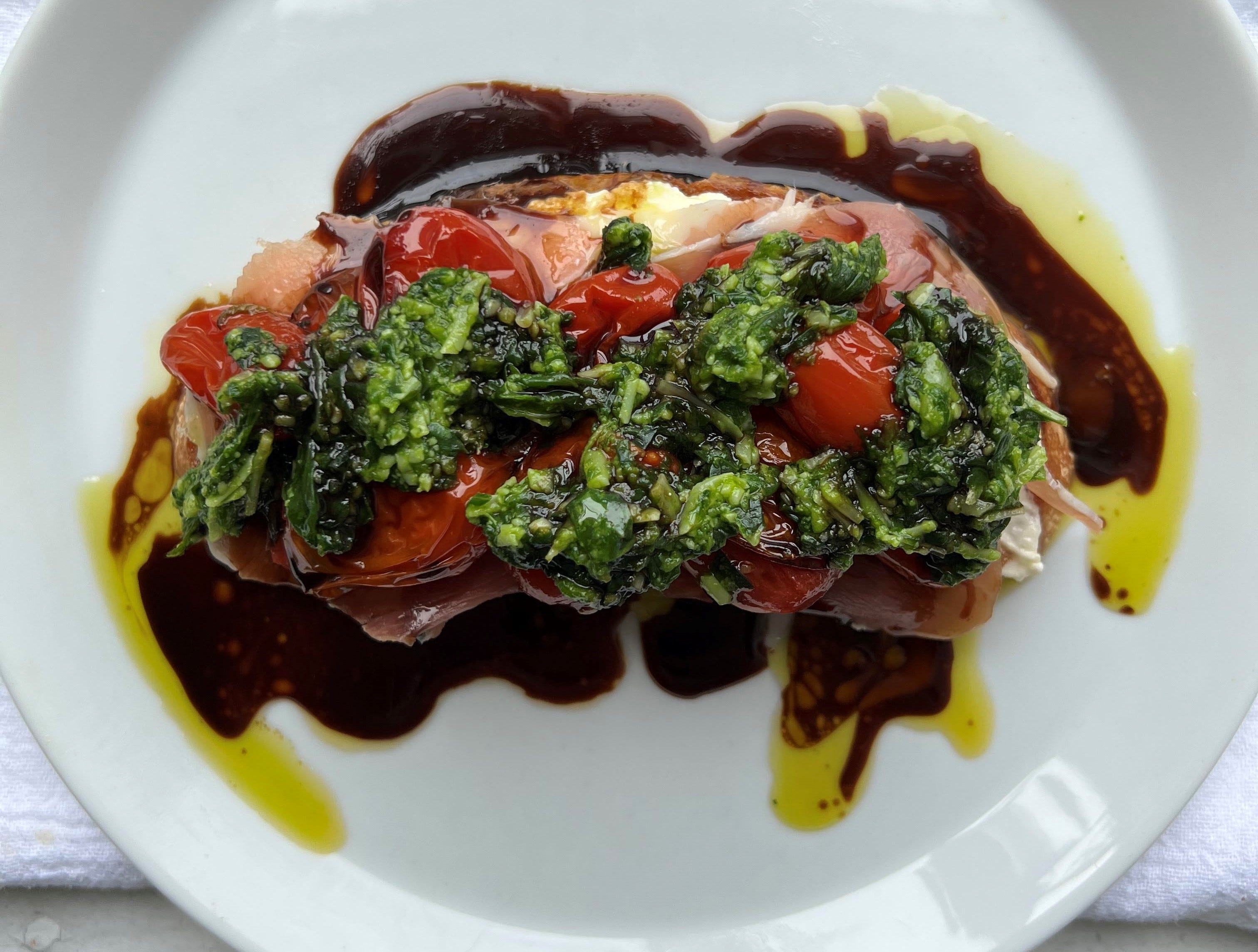 Whipped Feta Toast with Roasted Tomatoes and Pesto