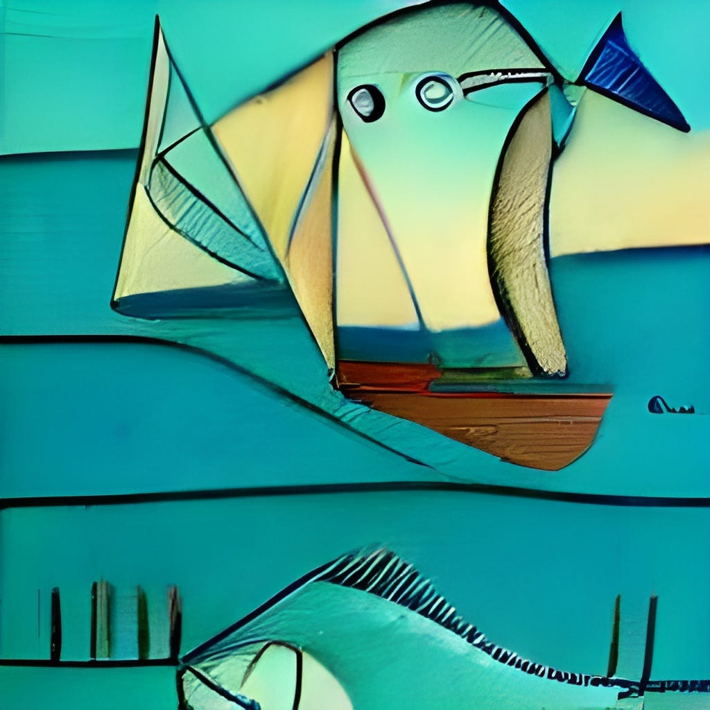 A giant fish attacking a boat, Picasso cubism