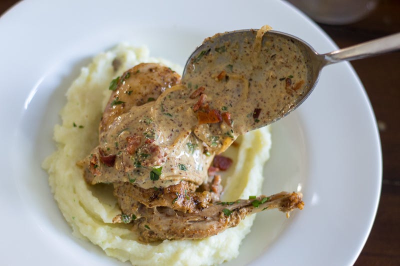 Braised Rabbit with Dijon, Bacon & Shallots