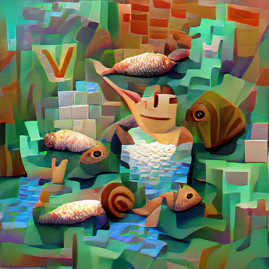 Snail man and the river of fish - by David Haith