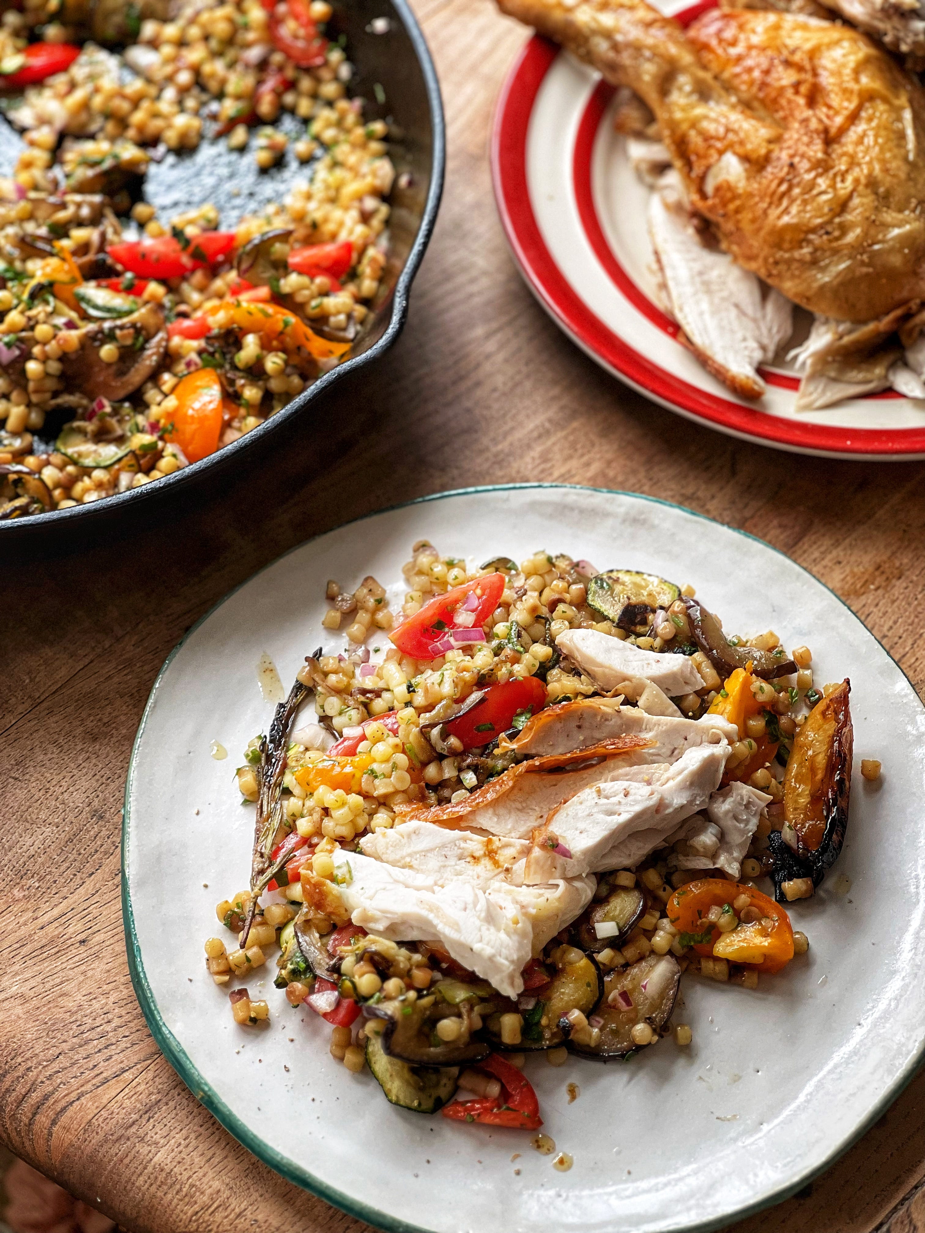 Deb's spatchcocked roast chicken with giant couscous and summer veg salad