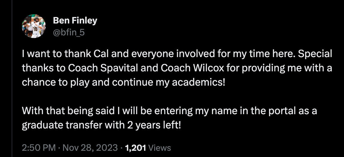 Cal Football Quarterback Ben Finley will Enter the Transfer Portal