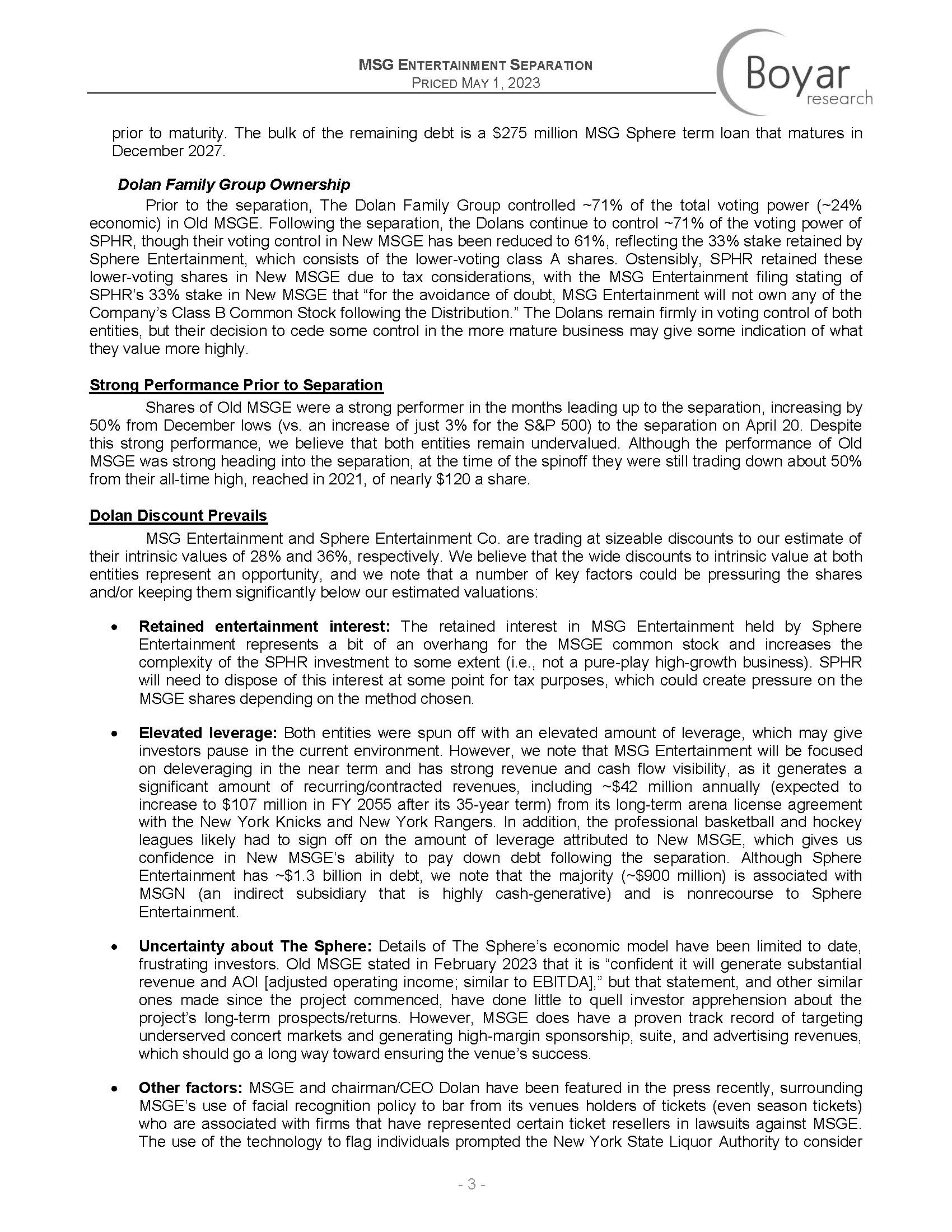 MSG Entertainment Separation Report - Boyar Research