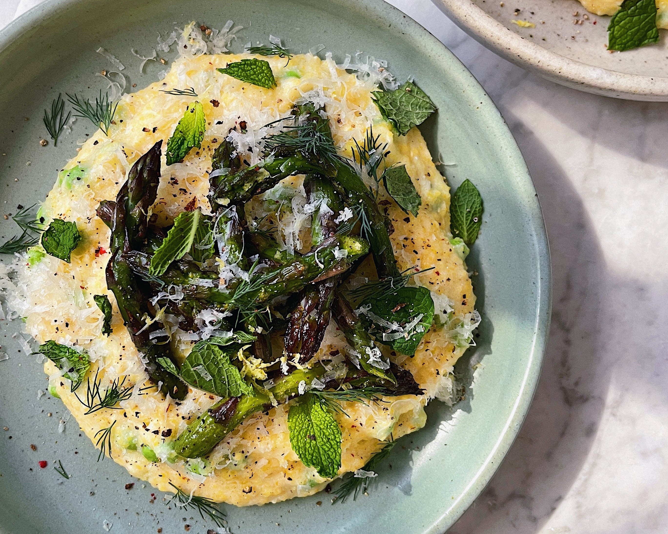 Well-Being: Spring Pea + Asparagus Ricotta Polenta with Mint