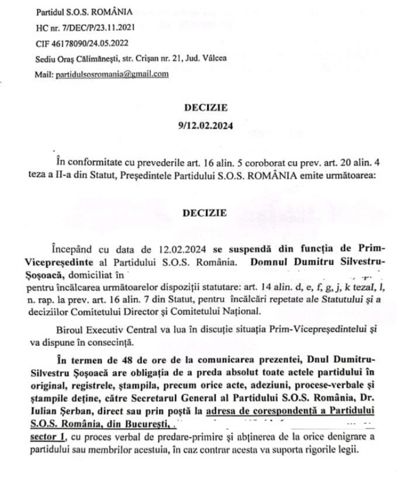 Opus nr. 171 - Diana Șoșoacă si-a suspendat azi sotul din funcția de prim-vice al S.O.S. România ...