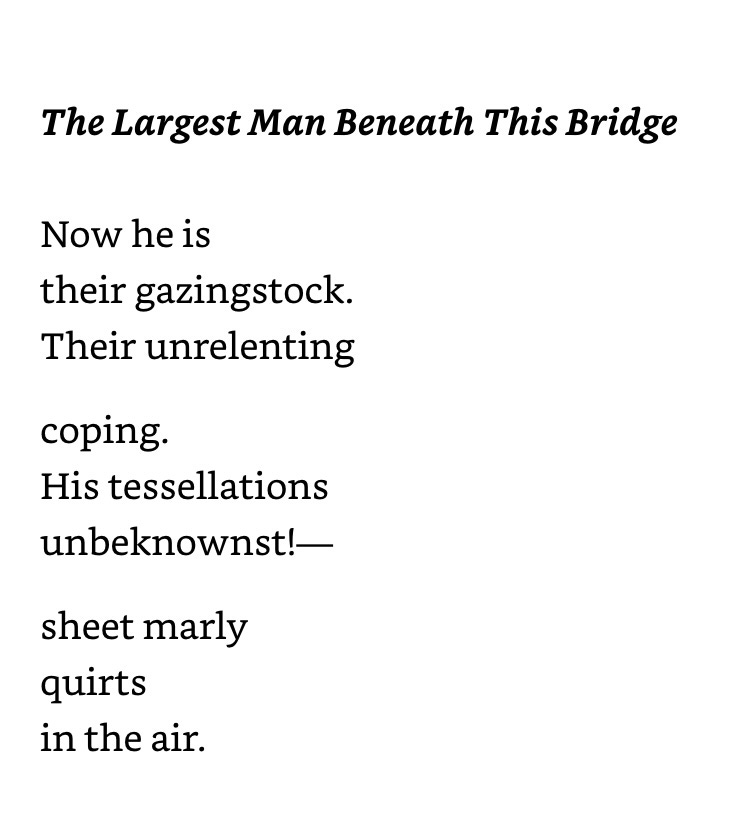 "The Largest Man Beneath This Bridge" by M Sarki