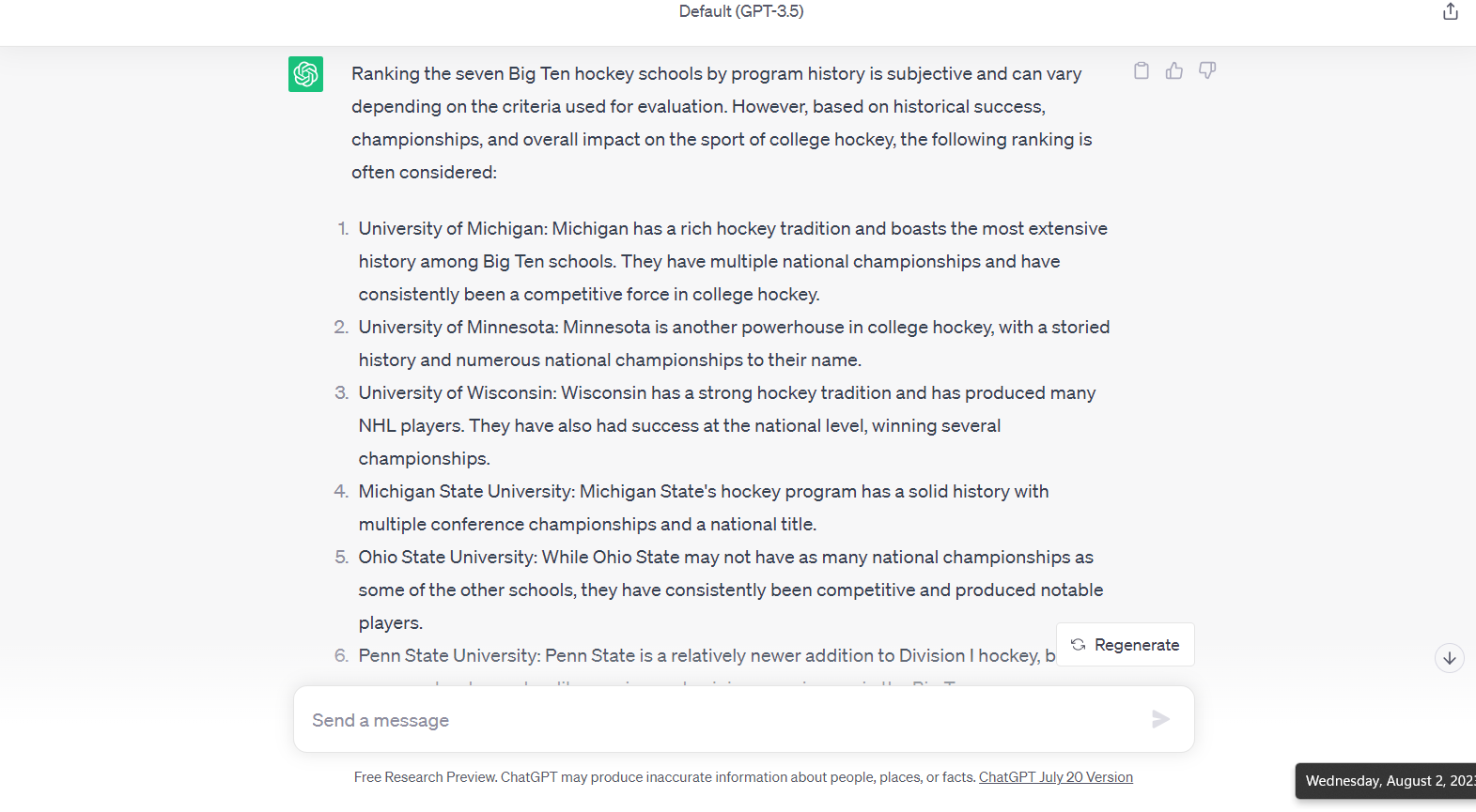 What ChatGPT says about the Michigan hockey team