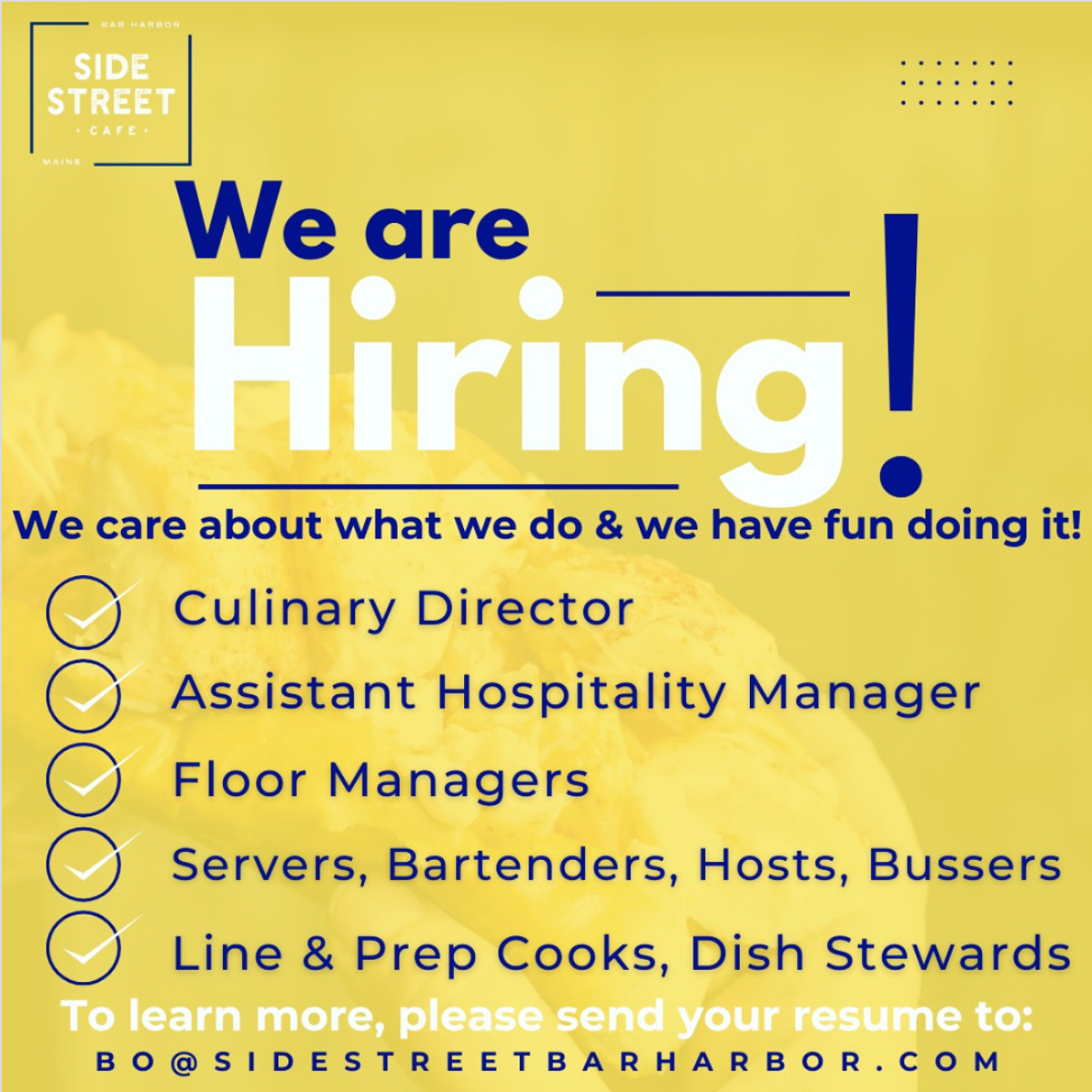 Side Street Cafe Hiring Year-Round and Seasonal Restaurant Positions