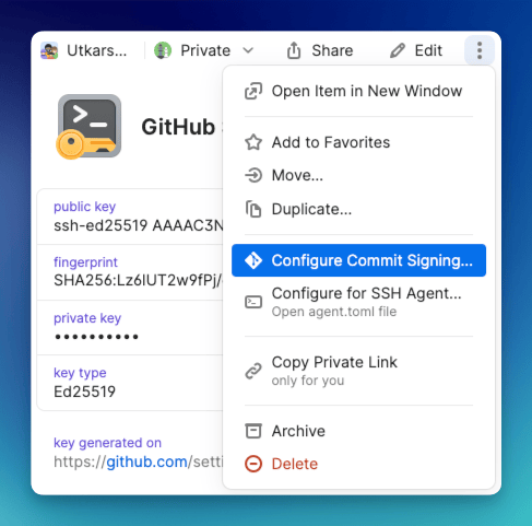 Using 1Password SSH client for commit signing in DevContainers