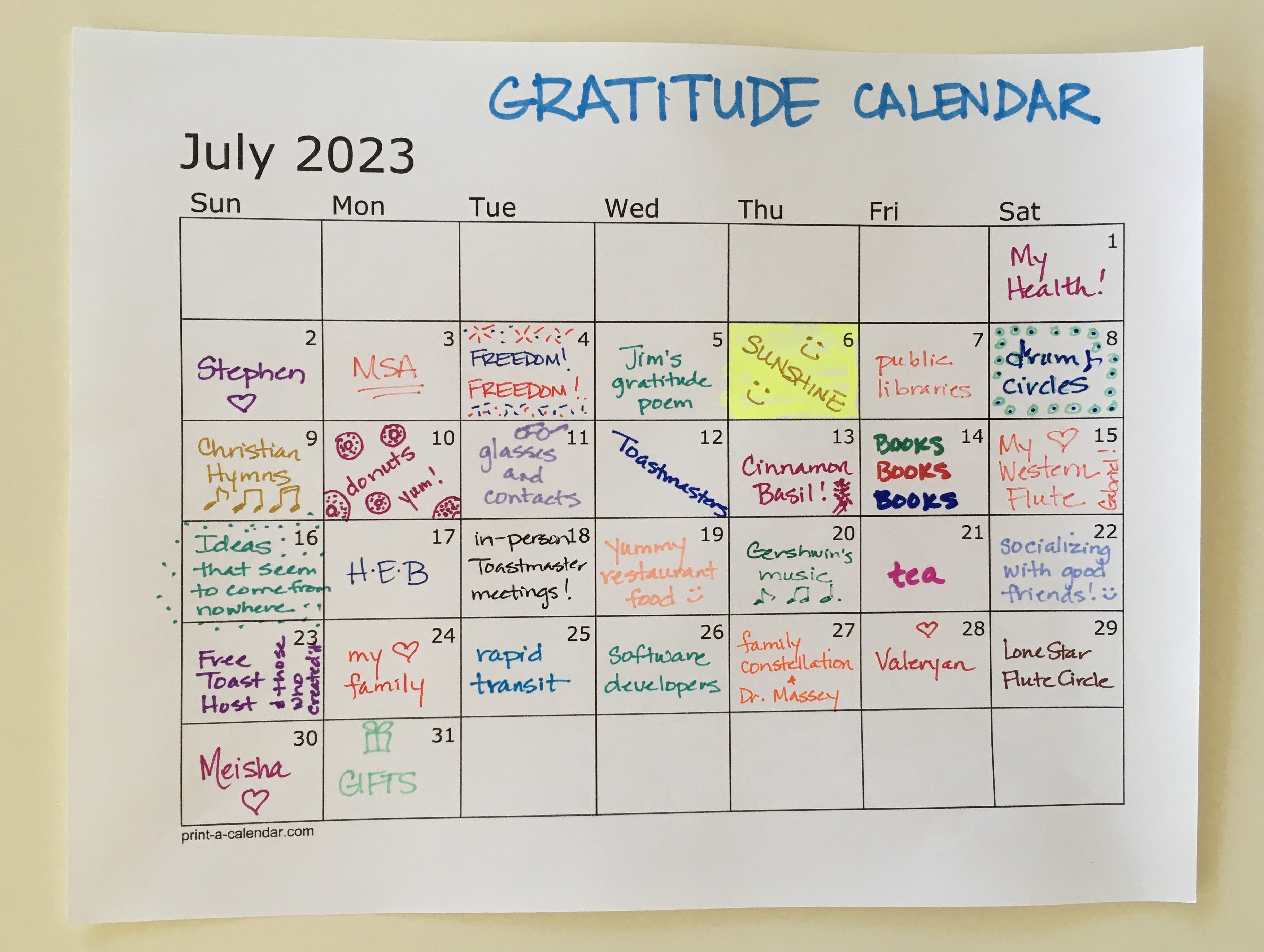 Monthly Gratitude Calendar - by Tina Renee D'Souza