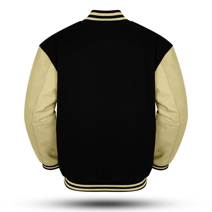 Varsity Jacket With Black Wool Body And Natural Cream Leather Sleeves ...