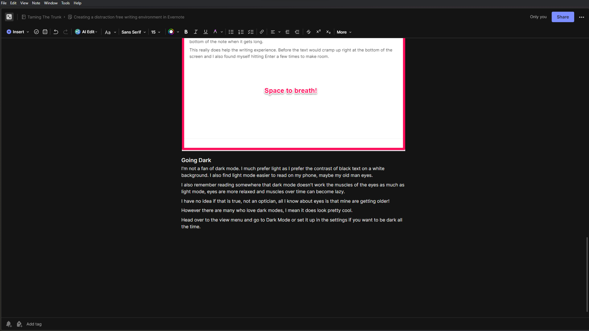 Creating a distraction free writing environment in Evernote + change to ...