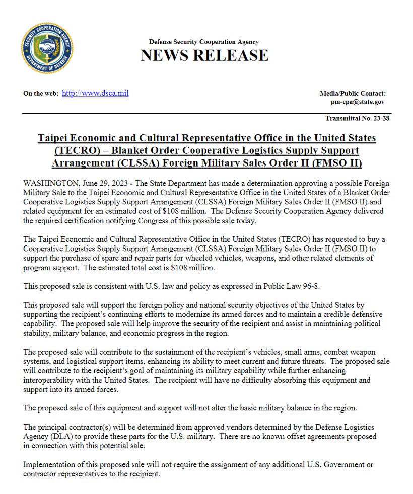 US Foreign Military Sales For Taiwan And Czech Republic With A Value Of ...