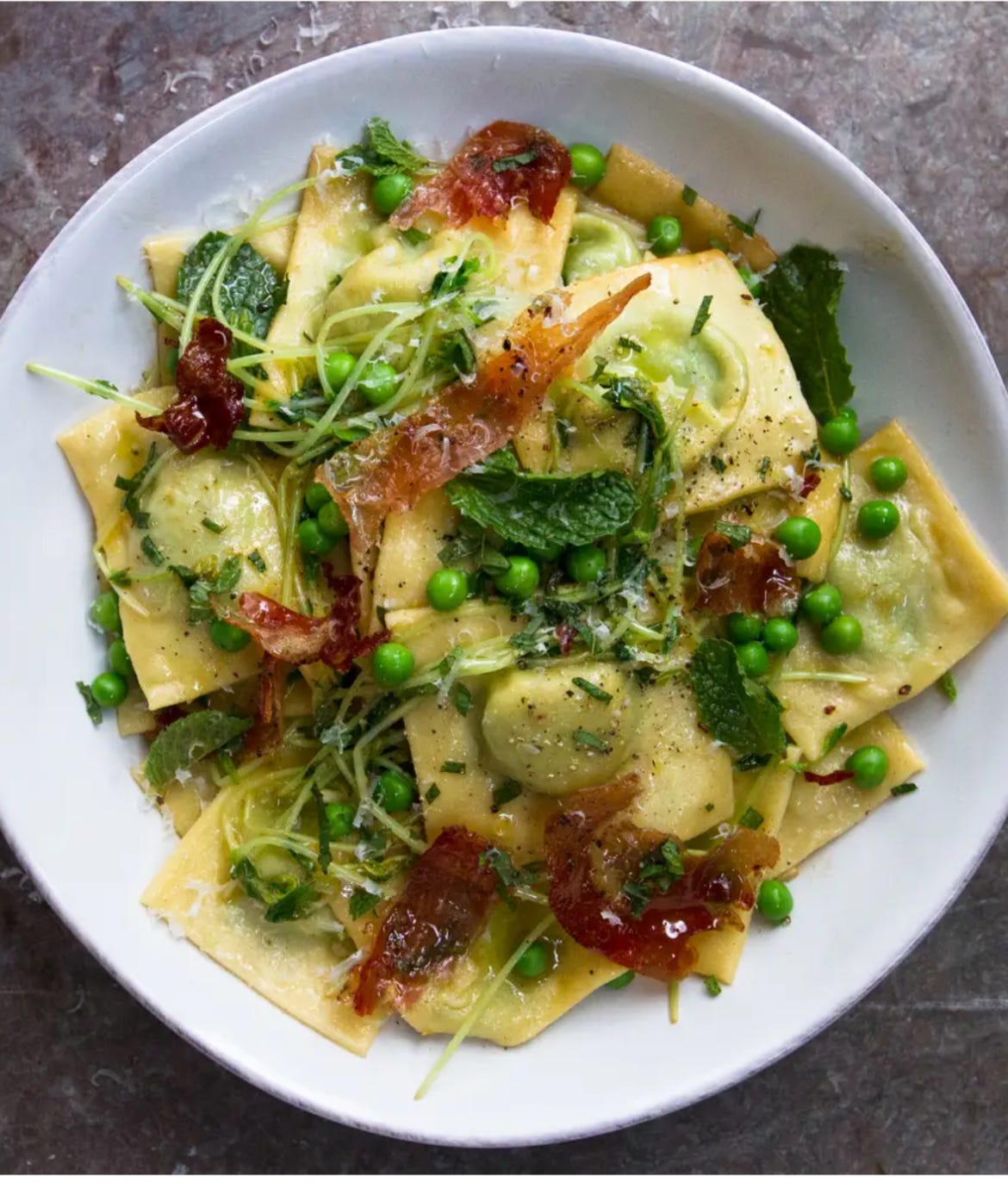 Spring Pea Ravioli with Crispy Prosciutto