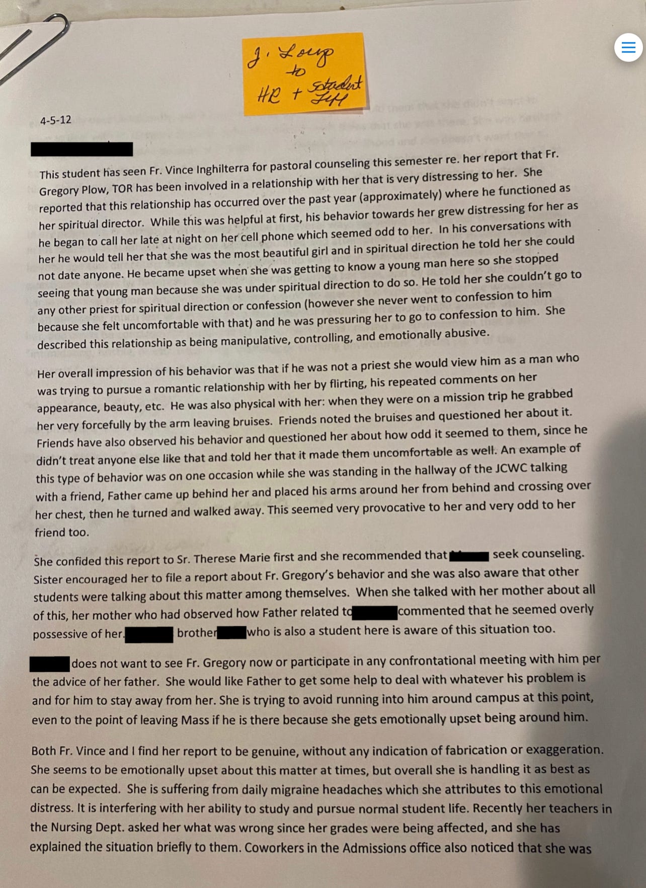 Allegations Against Father Gregory Plow, TOR, currently assigned to ...