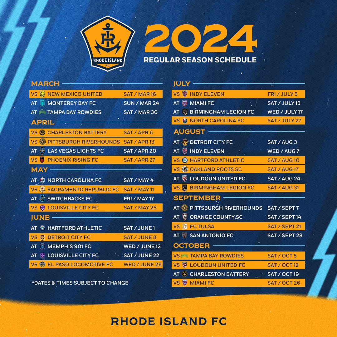 Rhode Island FC Announces Inaugural Schedule