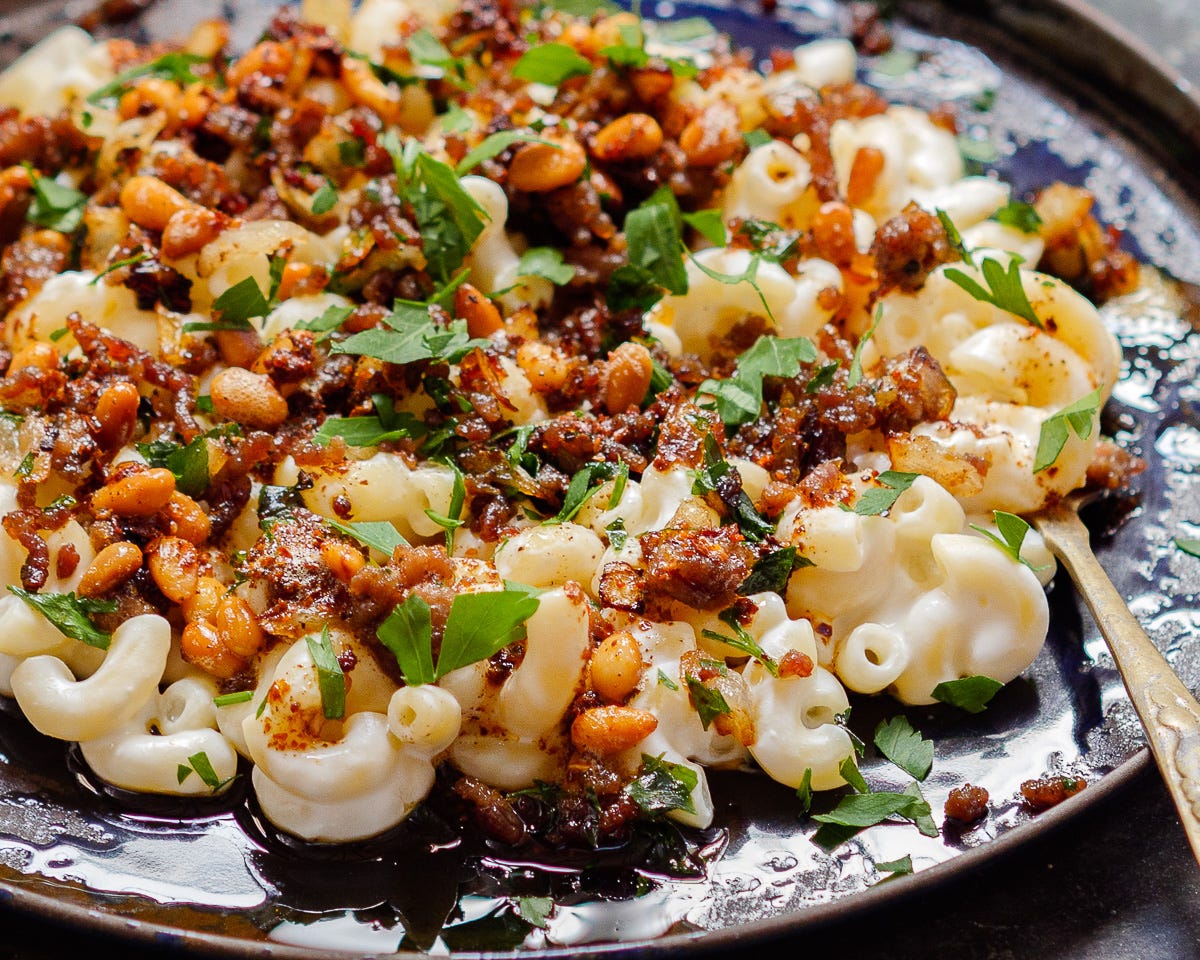 Lebanese style pasta with yoghurt and spiced lamb (Macarona bil laban)
