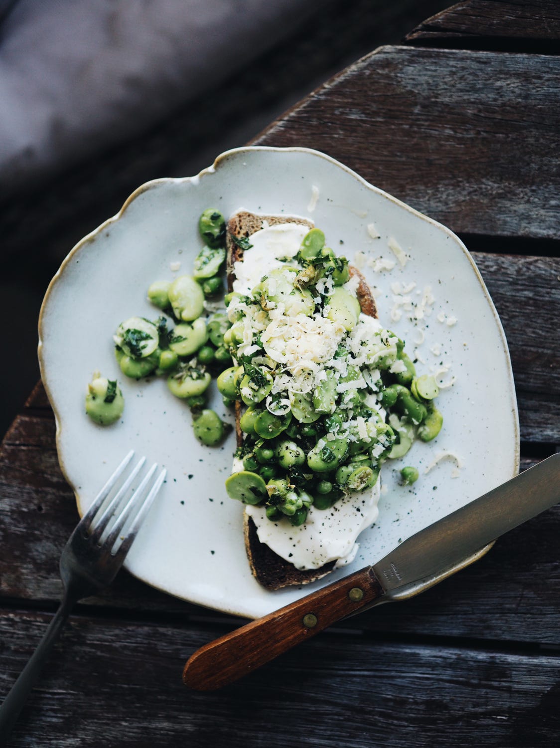 Broad bean bruschetta w/ mint & peas - by Casey Lister