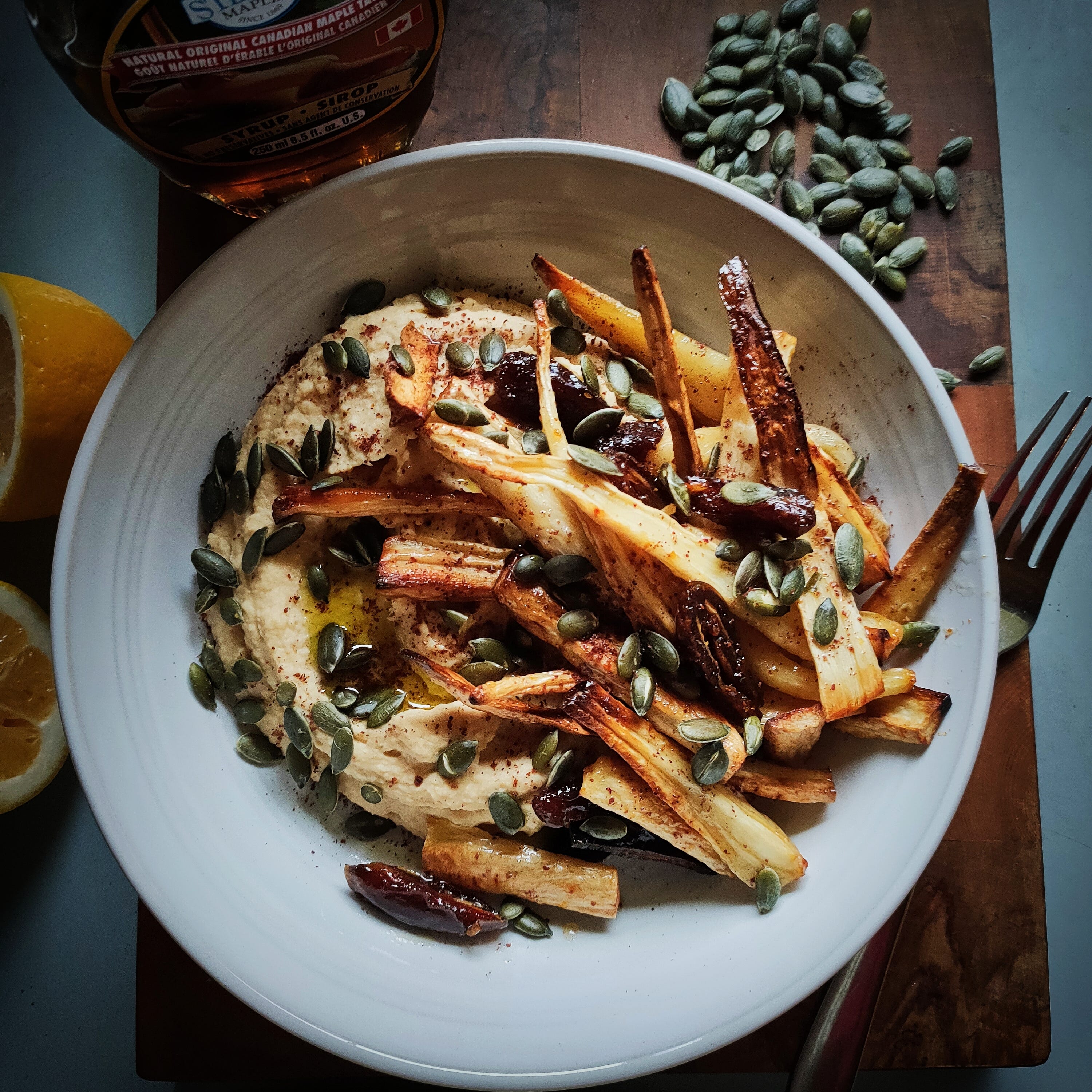 Parsnip - Fries, Creamy Hummus Mash - by Bron Marshall