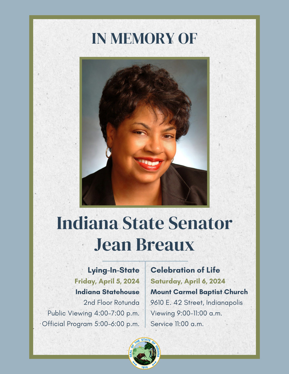 Public service information for Senator Jean Breaux's lying-in-state
