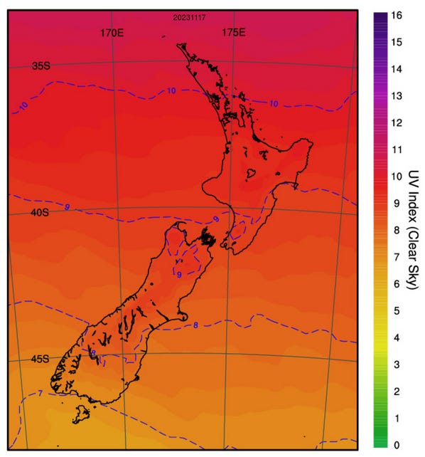Maps show variability in UVI over New Zealand