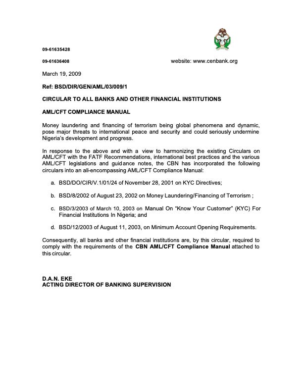 Alert: Central Bank of Nigeria Circular BSD/Dir/Gen/Aml/03/009/1
