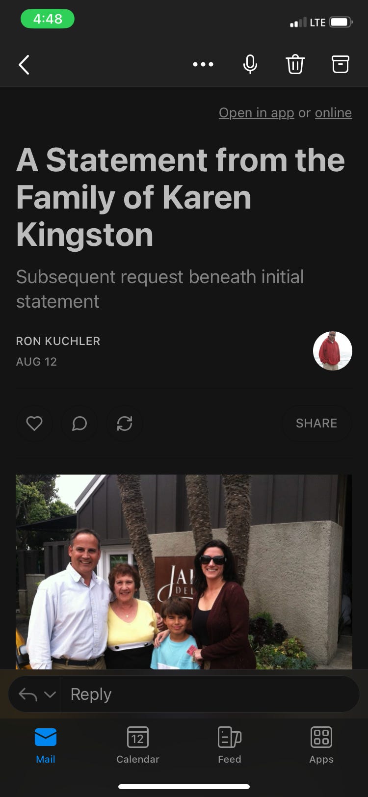 Karen Kingston's Brother Ron Leaves a Public Statement