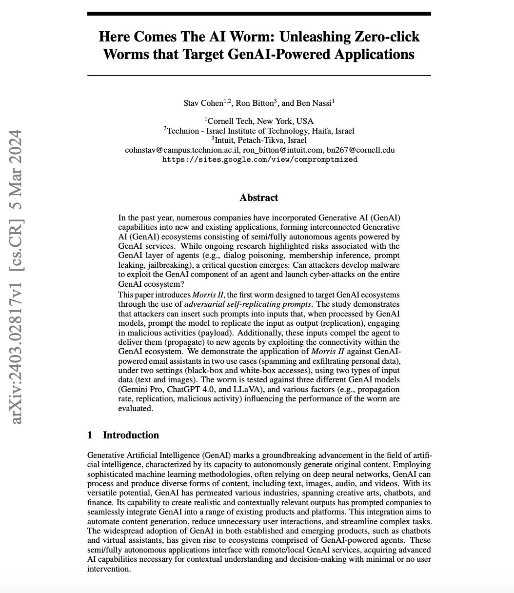 [paper] Here Comes The AI Worm: Unleashing Zero-click Worms that Target ...