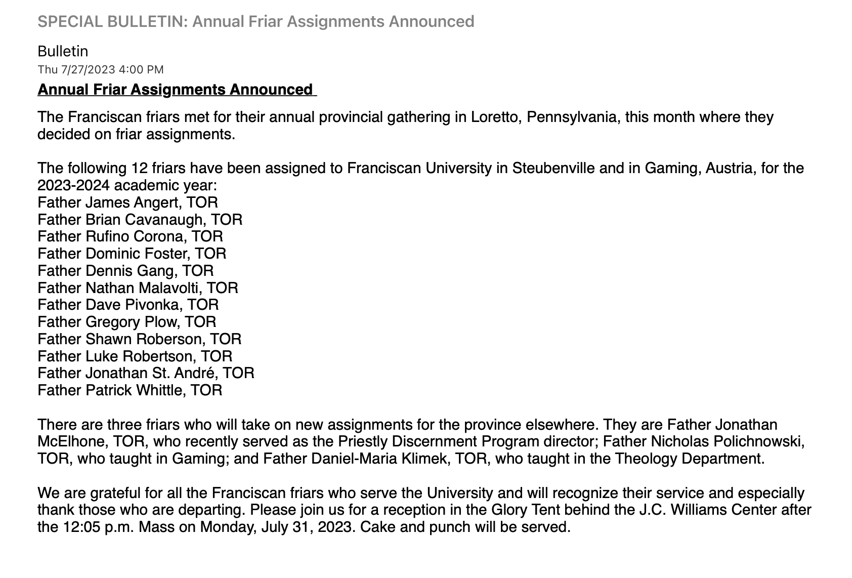 Father Gregory Plow Will Remain at Franciscan University for the 2023 ...