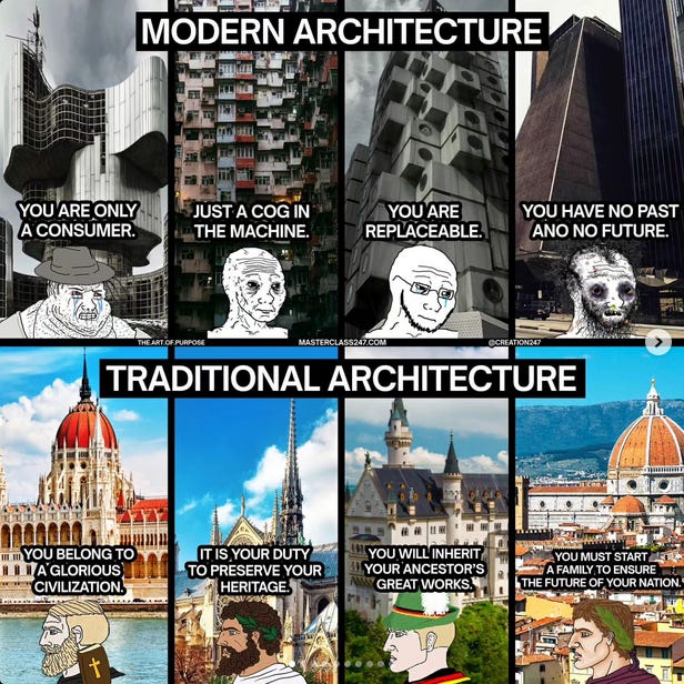 Modern vs traditional architecture, in a meme...
